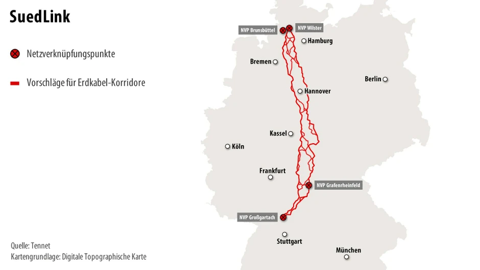 So sollen die Nord-Süd-Stromtrassen verlaufen